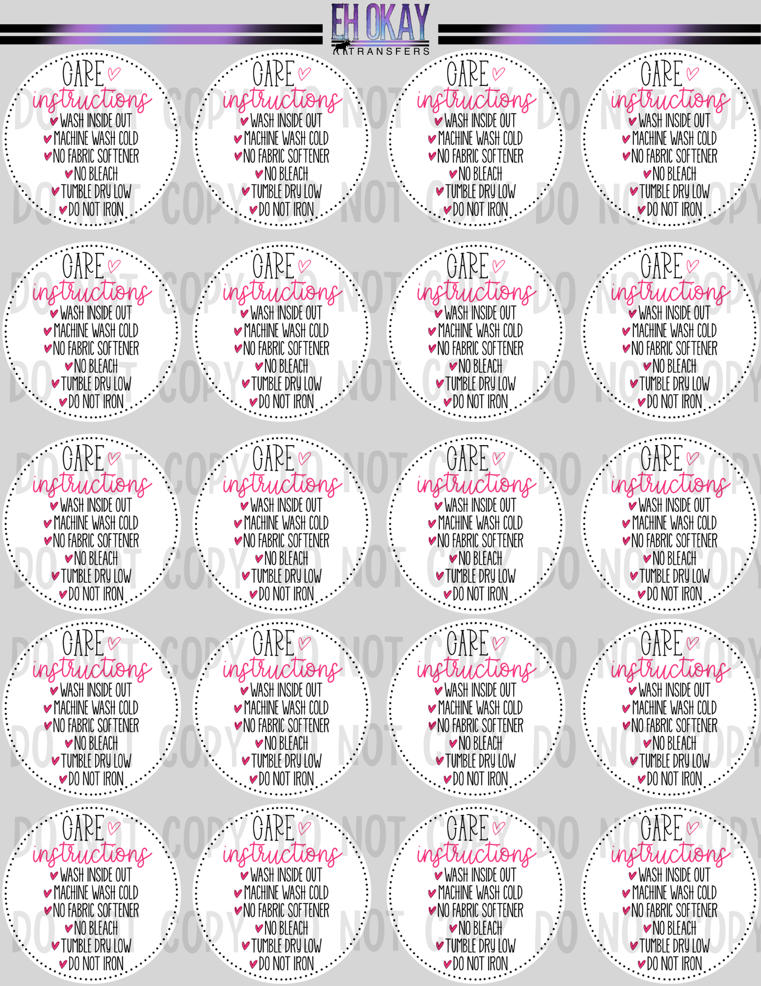 Care instructions round - Vinyl sticker sheet – Eh Okay Transfers